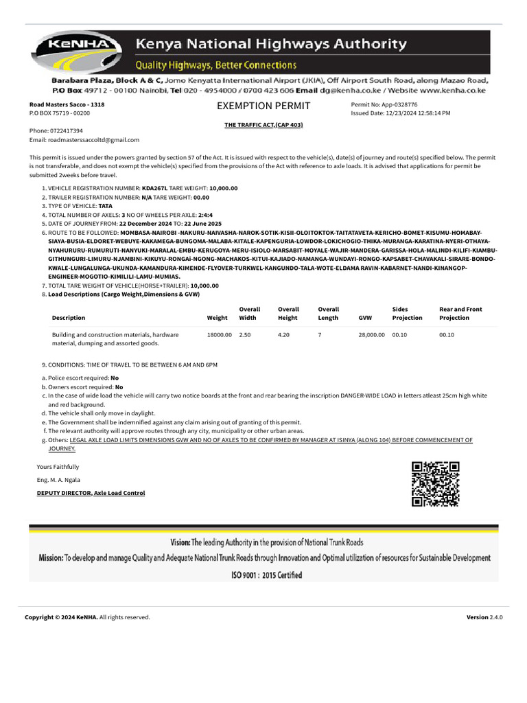 KDA267L KeNHA Exemption Permit | PDF | Axle | Vehicle Technology