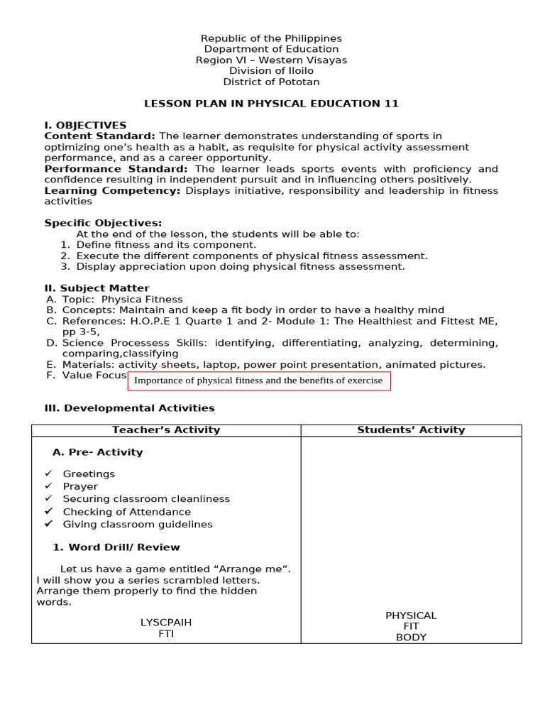 T1 DEMO LESSON PLAN | PDF | Physical Fitness