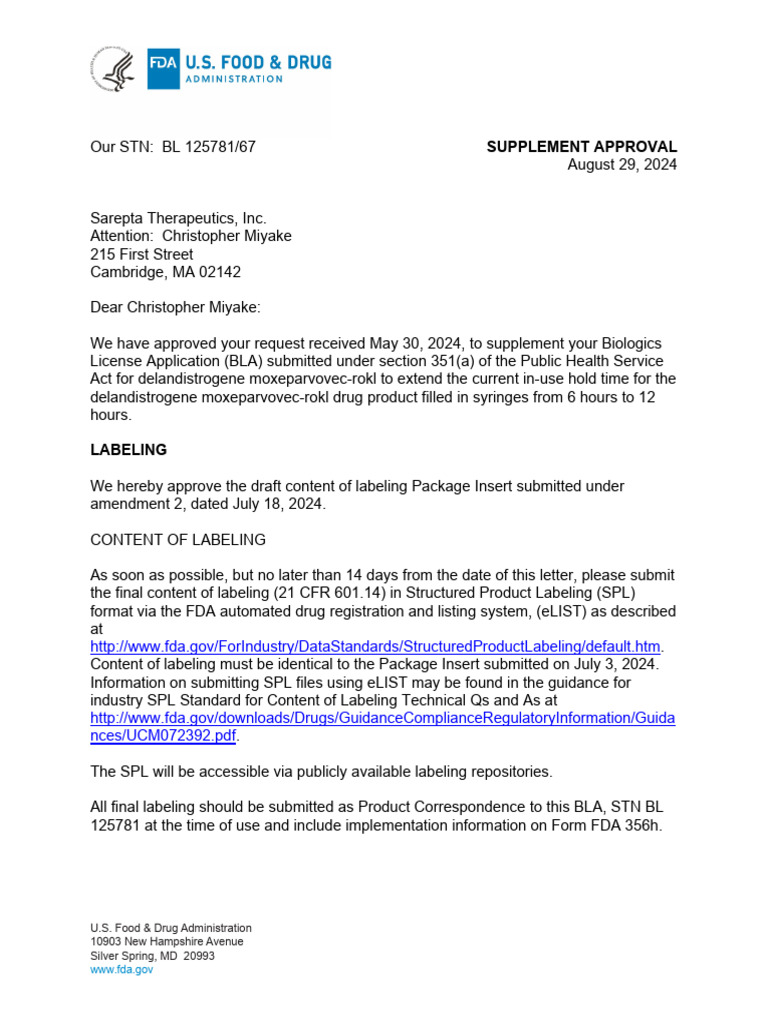 August 29 2024 Approval Letter Elevidys | PDF | Food And Drug ...