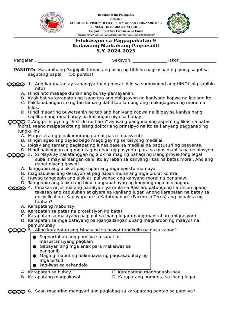 EsP-9_2ND-QTR-Exam_2023-2024_FINAL-FOR-PRINTING | PDF