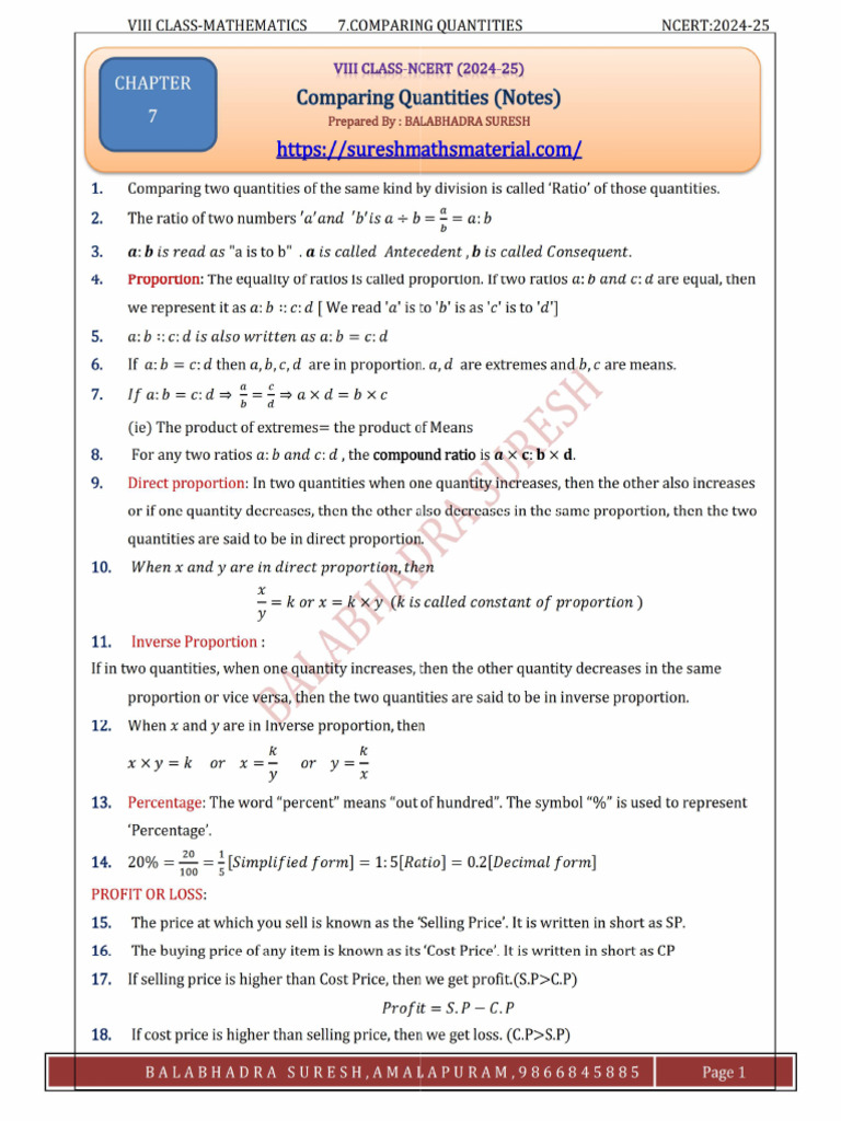 Viii Ncert2024!25!7. Comparing Quantities Notes | PDF