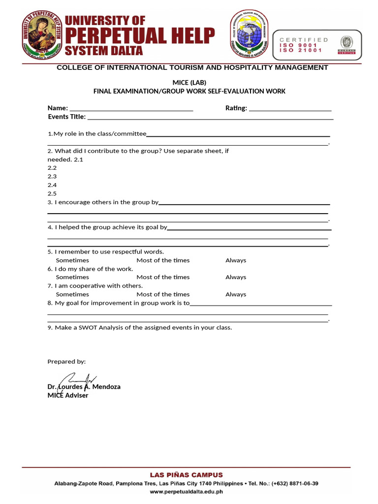 Updated FINAL EXAMINATION - GROUP WORK SELF EVALUATION WORK 1 | PDF