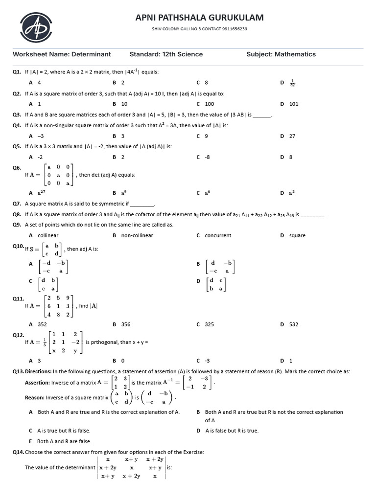 Determinant Class 12 2024-2025 MCQ | PDF | Matrix (Mathematics) | Determinant