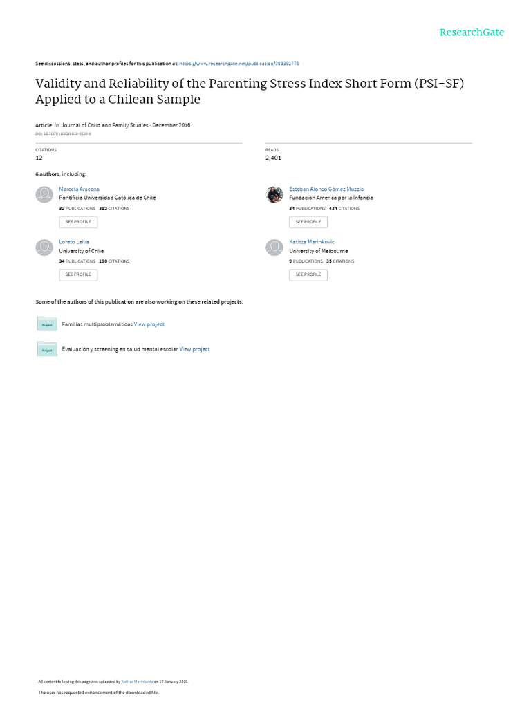M1 - Validity and Reliability of The Parenting Stress Index Short Form (PSI-SF) Applied To A ...