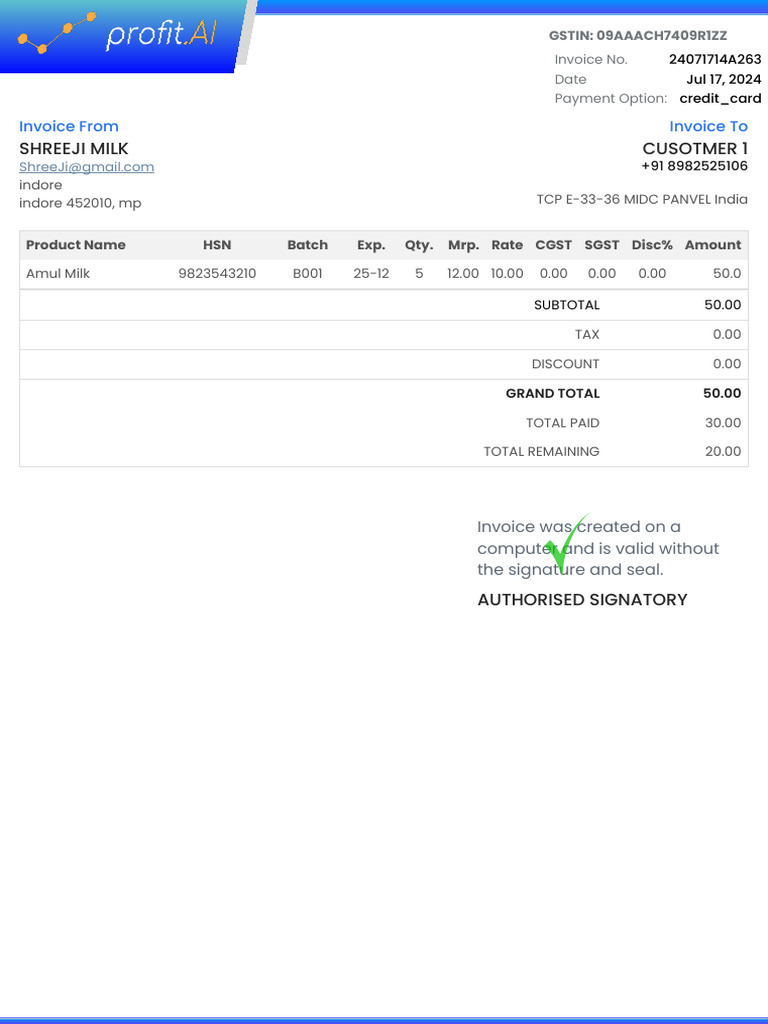 Invoice for Amul Milk Purchase | PDF