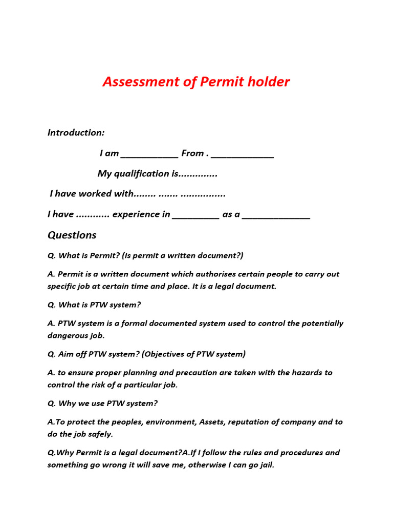 PTW Assessment Questions 241103 083617 | PDF | Risk | Hazards