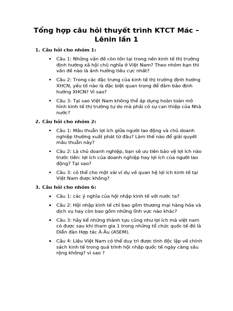 Tài liệuTổng hợp câu hỏi thuyết trình KTCT Mác - Lênin lần 1 | PDF