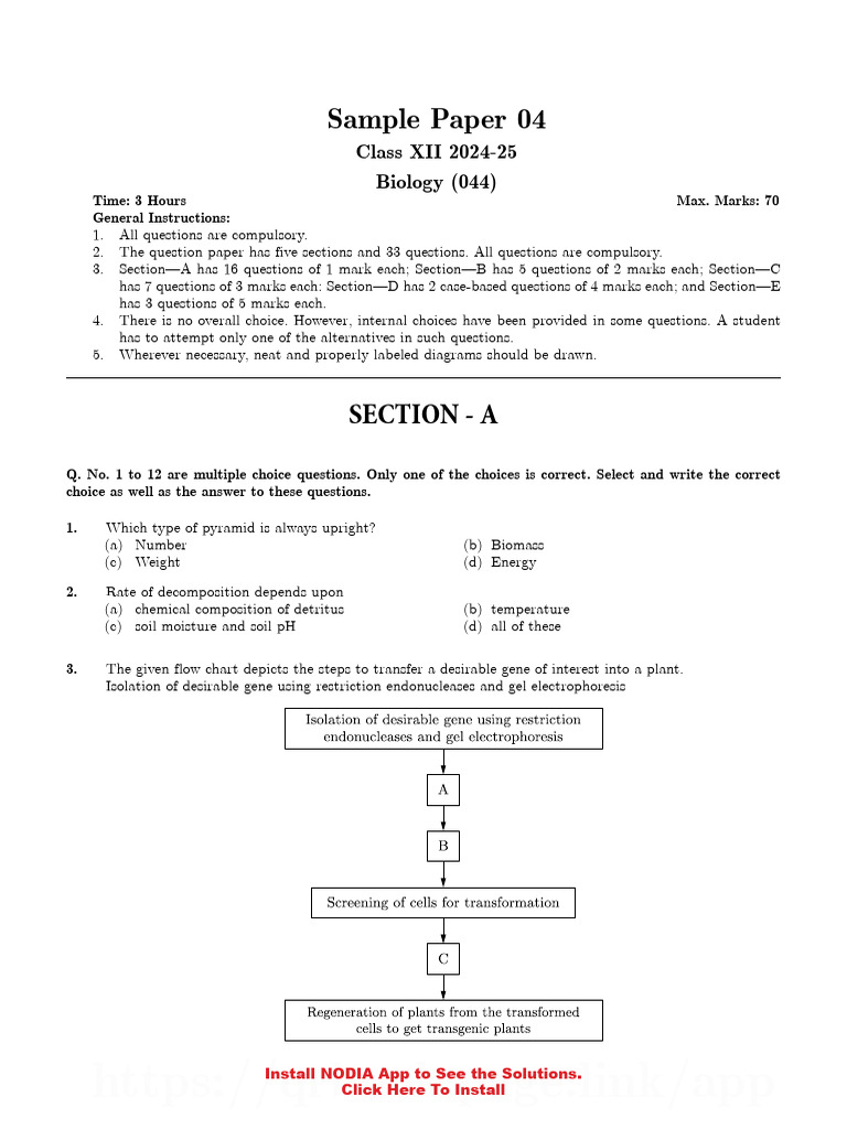 CBSE Class 12 Biology Sample Paper 04 | PDF