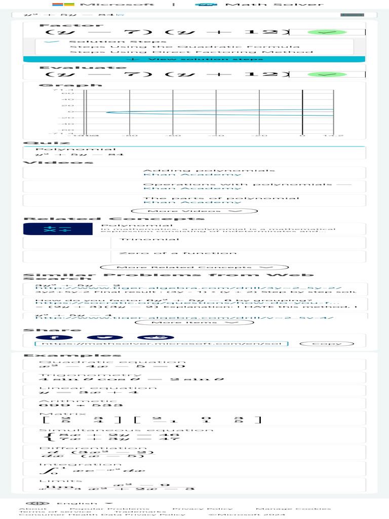 Solve y^2+5y-84 Microsoft Math Solver | PDF | Polynomial | Factorization
