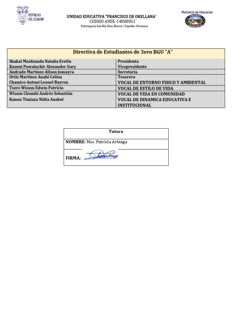 Directiva Estudiantil 3ero BGU "A" | PDF