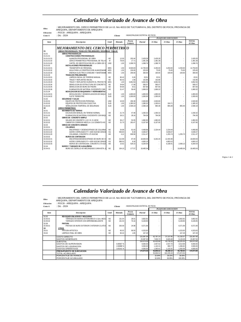 Calendario de Obra Valorizado | PDF | Ingeniería de Edificación | Hormigón