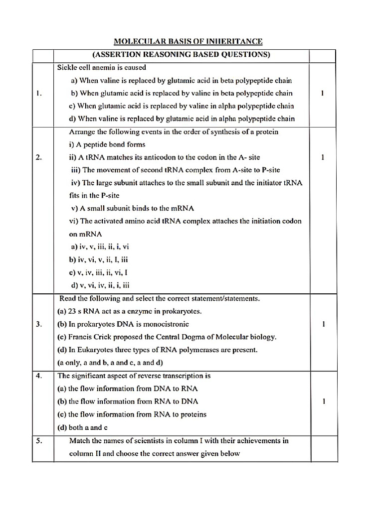 Mcqs Chapter - 5 biology class 12 molecular inheritance | PDF