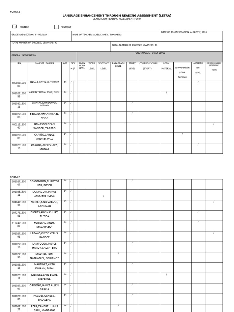 FORM-2_CLASSROOM-READING-ASSESSMENT-FORM (1) | PDF | Learning | Cognition