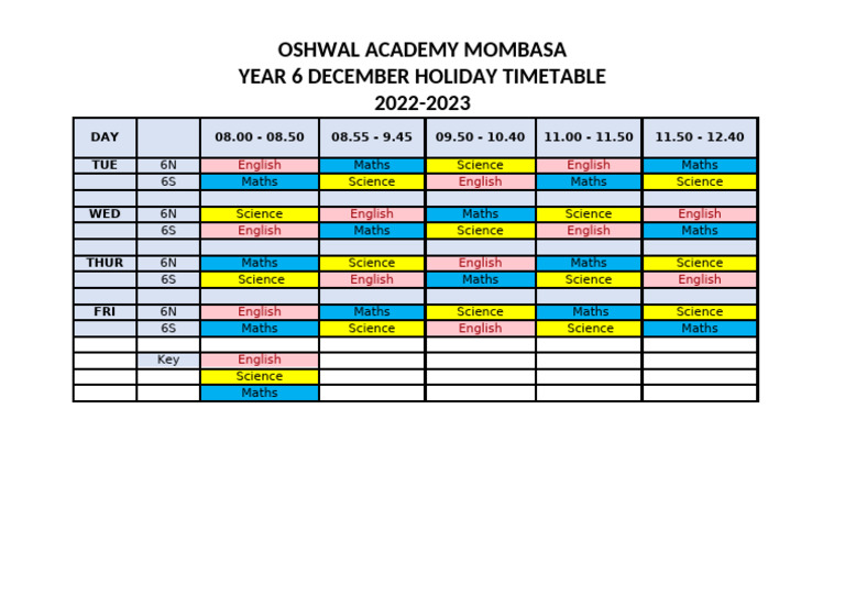 Year 6 Holiday Classes Timetable 2 | PDF