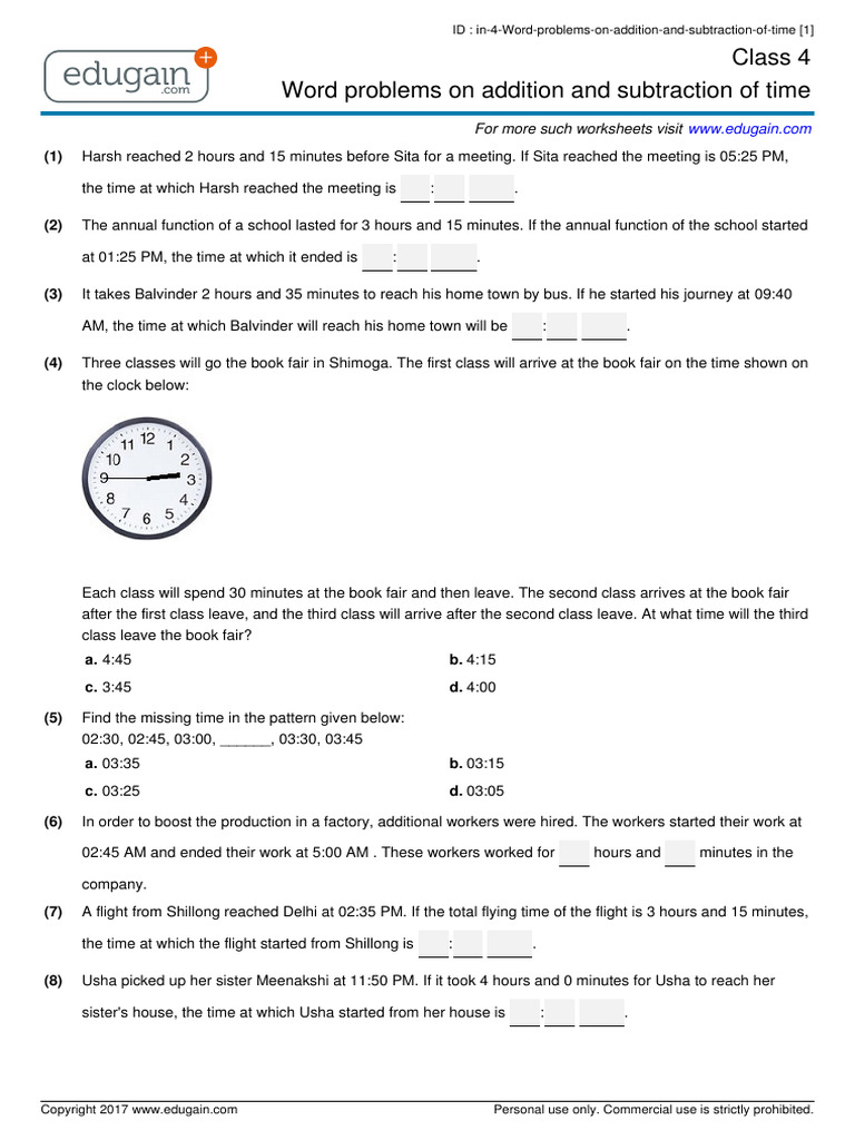 Grade 4 Word Problems On Addition and Subtraction of Time in | PDF