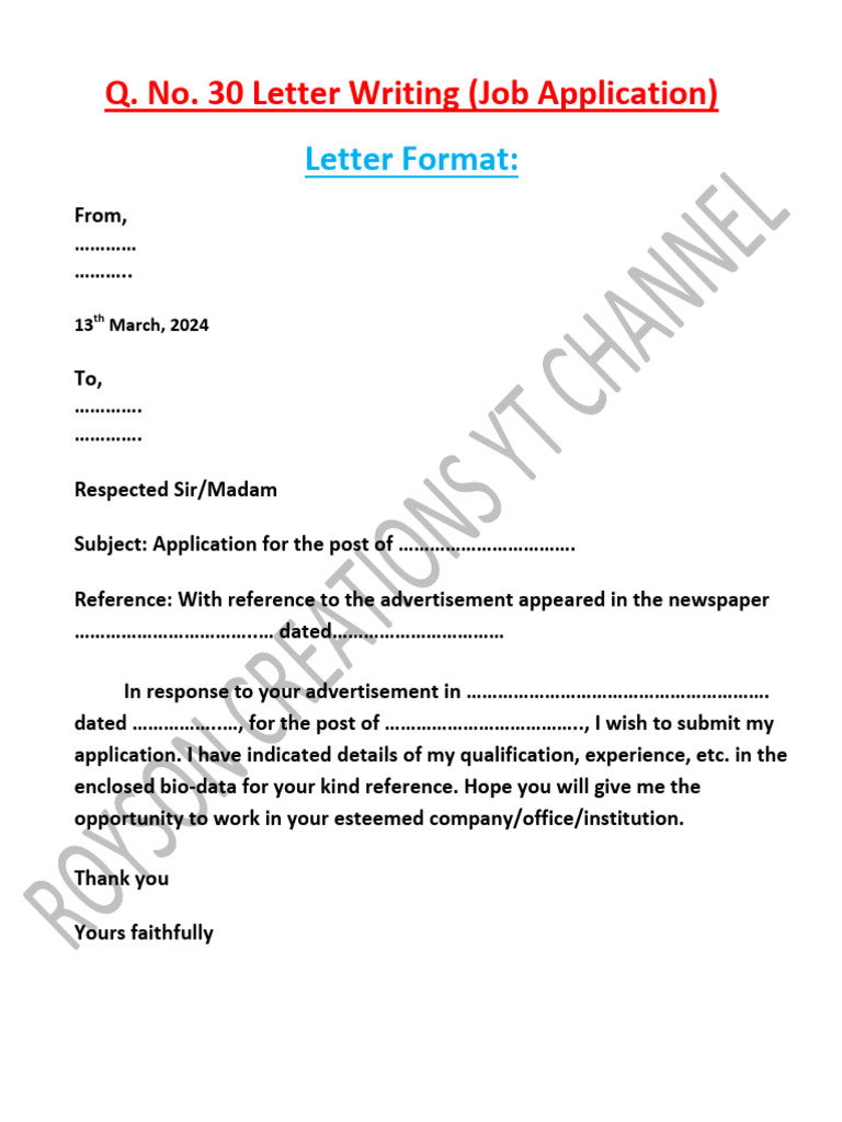 Job Application Letter Writing 2nd PUC English by Royson Creations | PDF