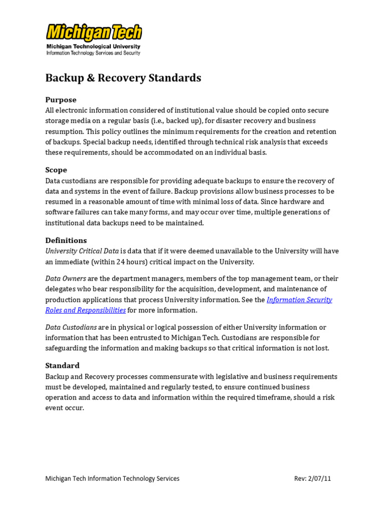 Backup Recovery Standards | PDF | Backup | Information