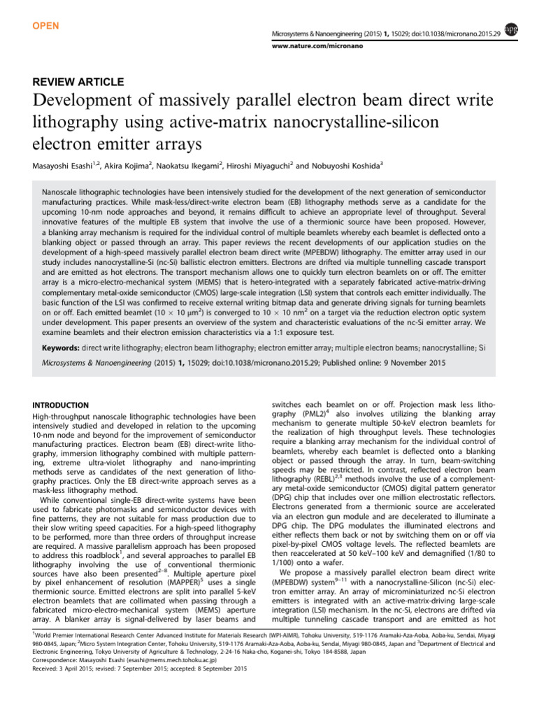 Development of Massively Parallel Electron Beam Direct Write Lithography Using Active-Matrix ...