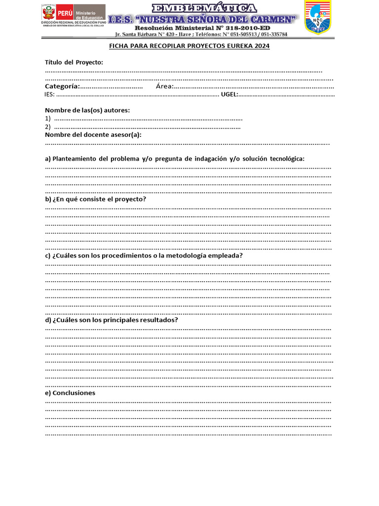 Ficha de Recopilar Proyectos Eureka 2024 - Drep | PDF