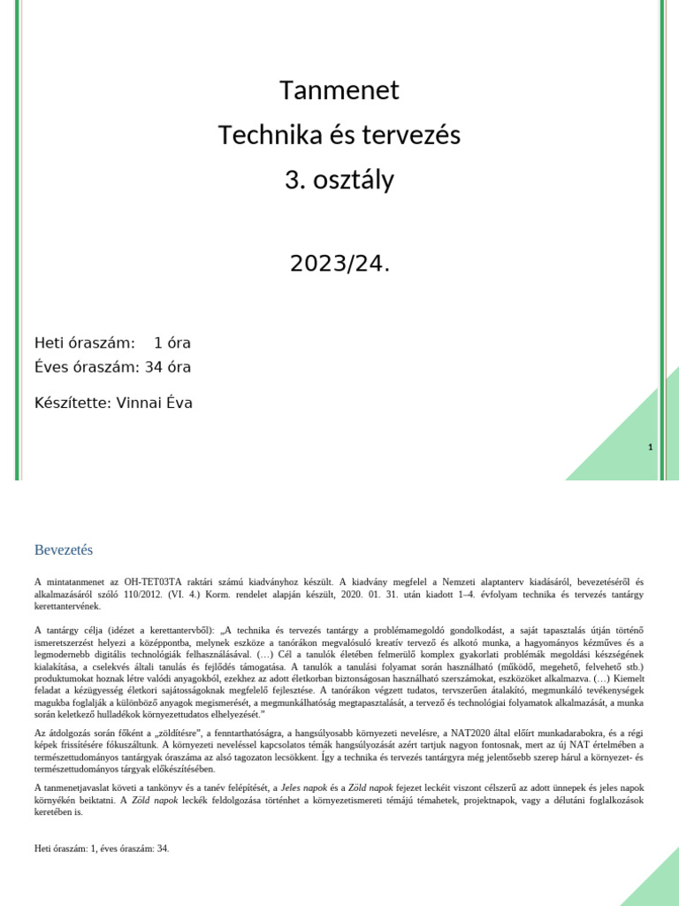 Tanmenet Technika És Tervezés 3. O. 34 Óra 2023. | PDF