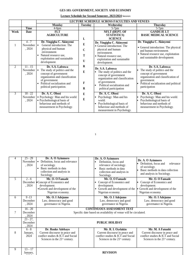 GES 103 Lecture Timetable 2023 2024 | PDF | Economics | Sociology