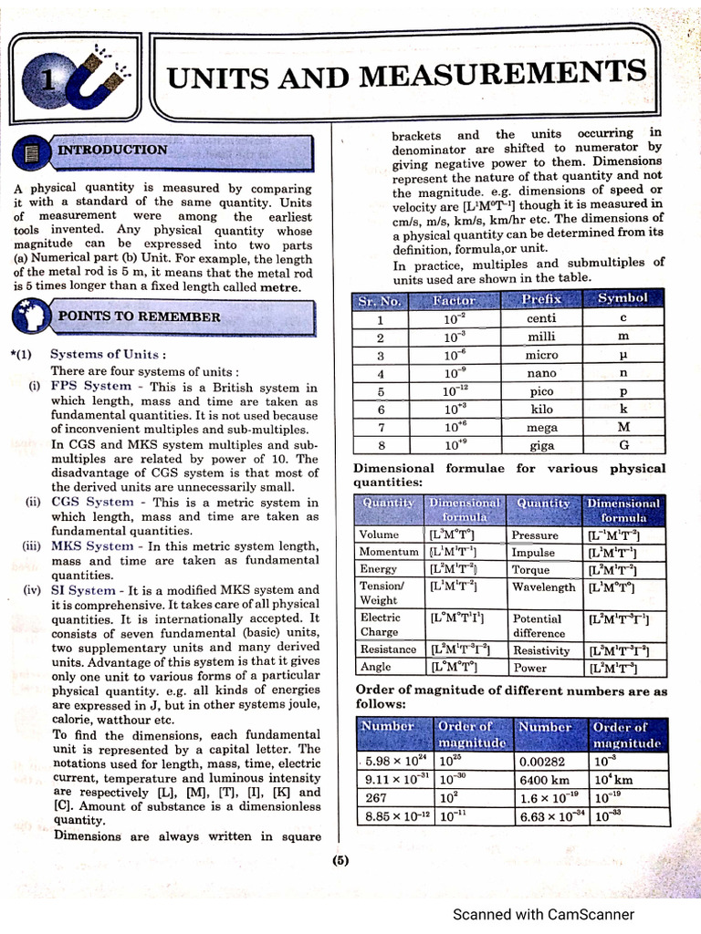 Units and Measurements Theory Notes | PDF