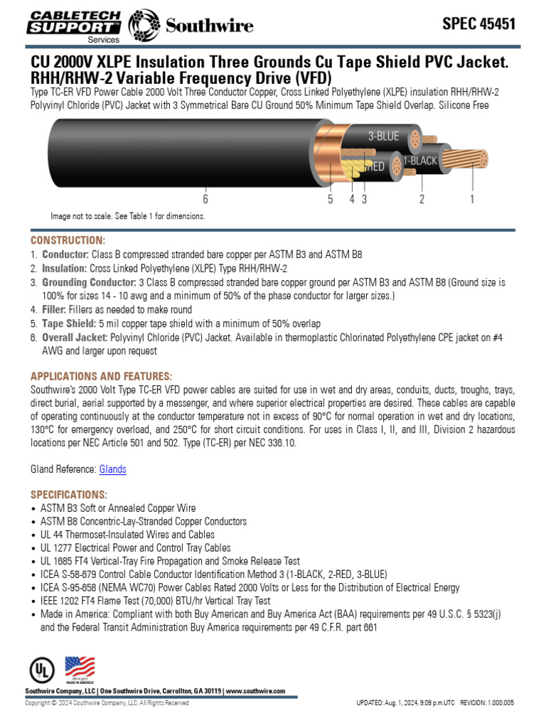 SOUTHWIRE - SPEC45451-Type TC-ER VFD Power Cable 2000 Volt Three Conductor Copper | PDF ...