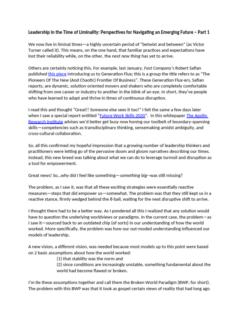 Leadership in The Time of Liminality - Posting 1 | PDF | Leadership