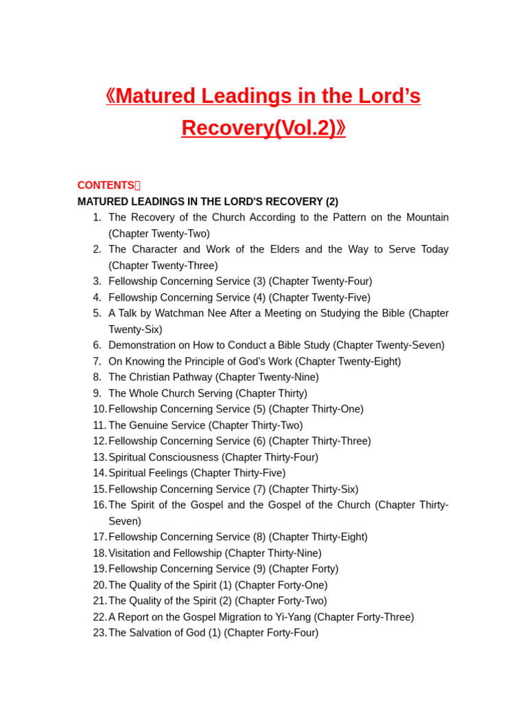 Matured Leadings in The Lord's Recovery (Vol.2) (Watchman Nee) | PDF