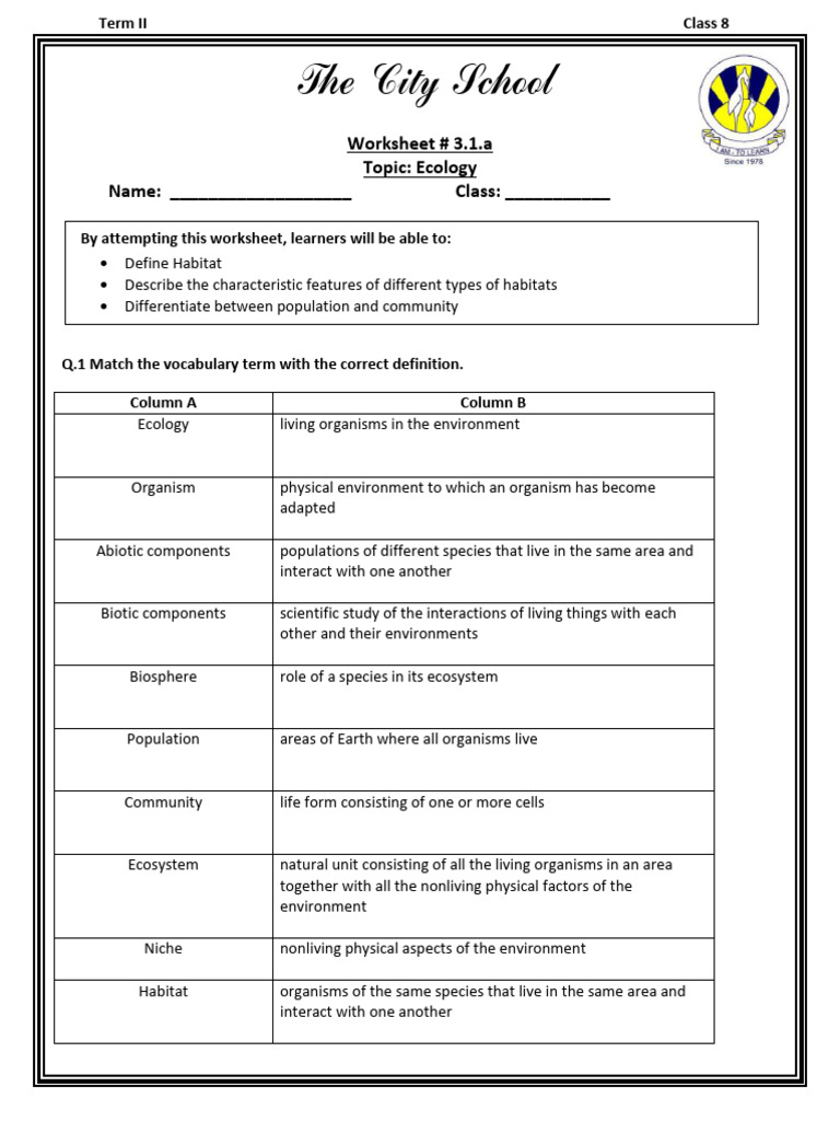 Worksheet 3.1.a | PDF | Ecological Niche | Natural Environment