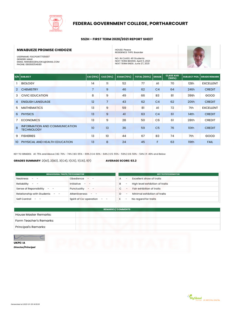 Nwabueze PromiseSS2H First Term 2020 2021 ReportCard | PDF