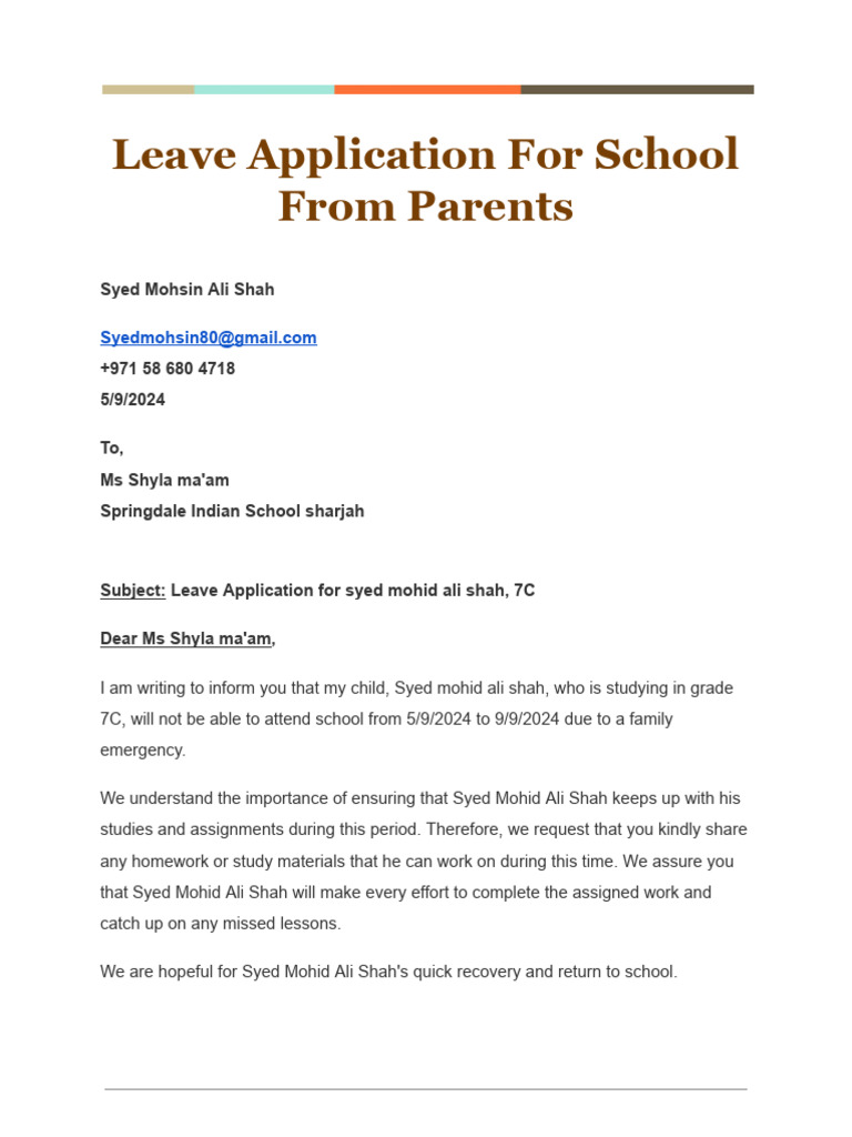 Leave Application For School From Parents | PDF