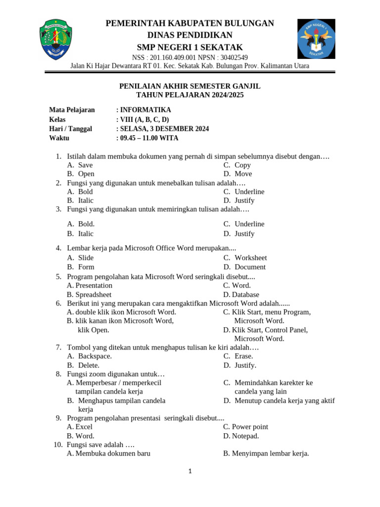 Soal Pas Ganjil Informatika Kelas 8 | PDF