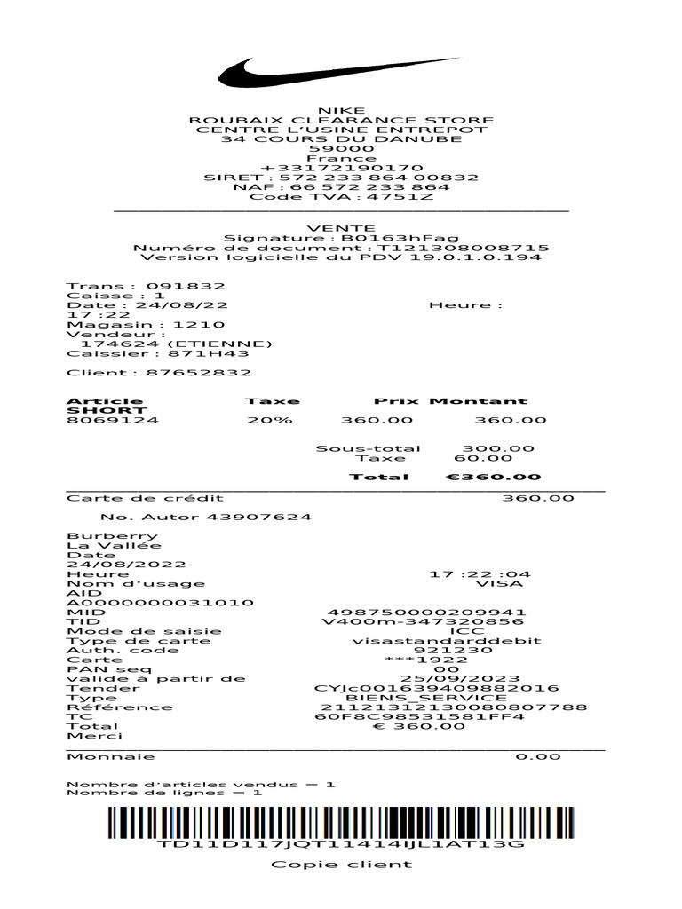 Ticket de caisse Nike Roubaix | PDF
