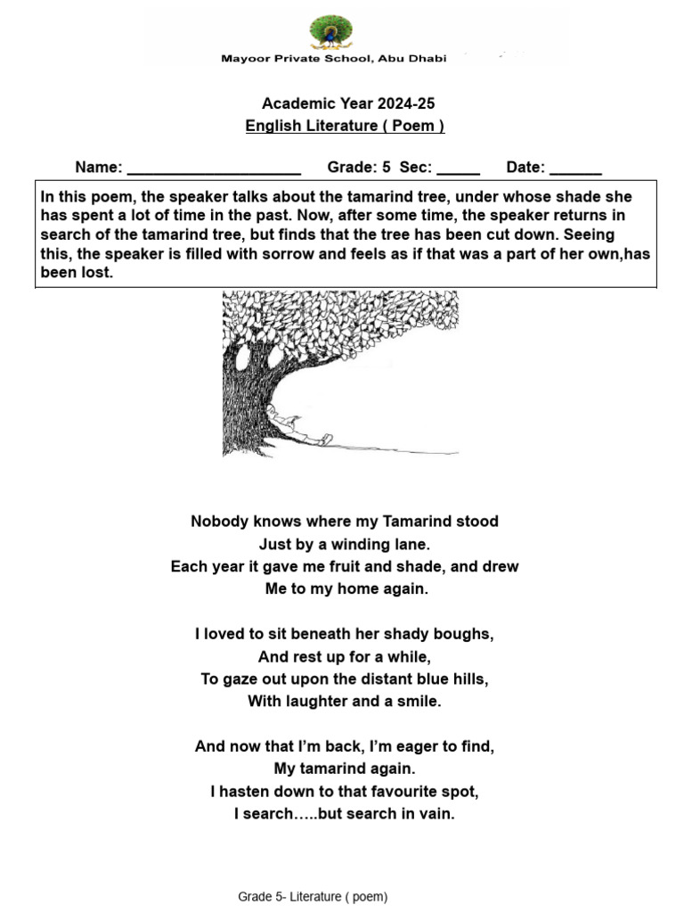 Grade 5-Poem - Tamarind (2024-25) | PDF