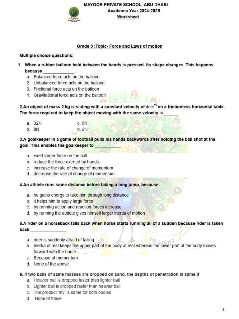 Chapter 8-Force and Laws of Motion - Worksheet | PDF | Force | Inertia