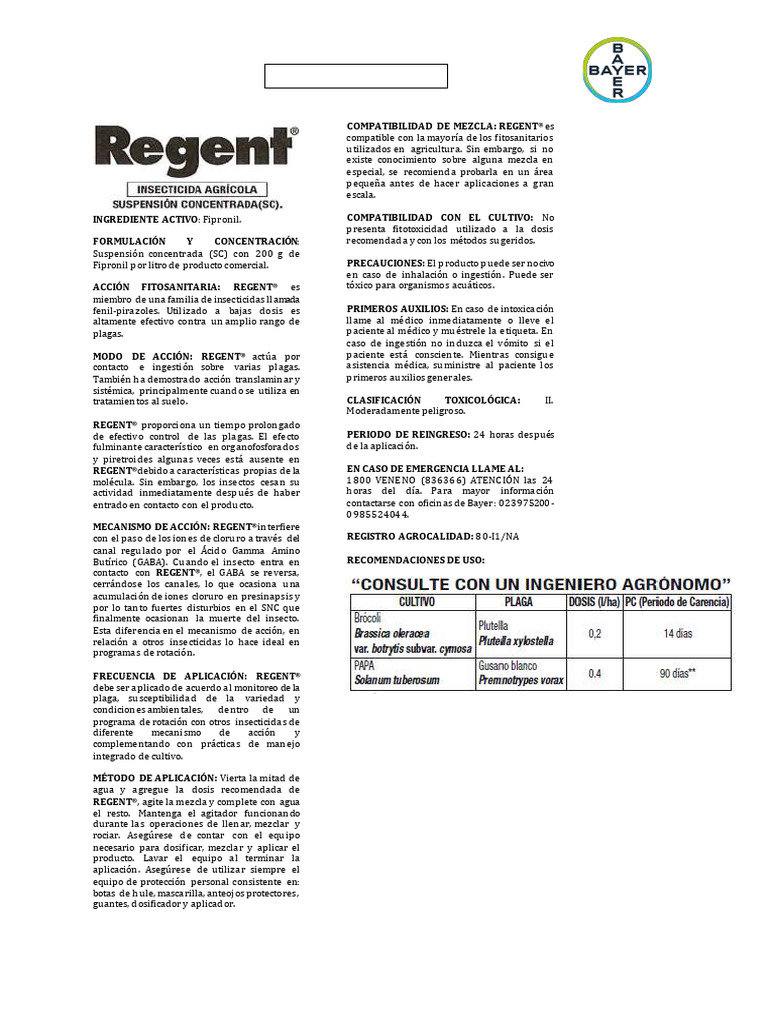 Regent Bayer Ficha Tecnica Ecuador | PDF | Insecticida