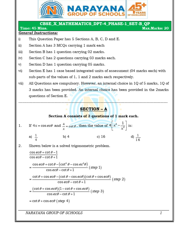 01 Cbse X Mathematics DPT-4 Phase-1 Set-B 23-09-2024 QP | PDF ...