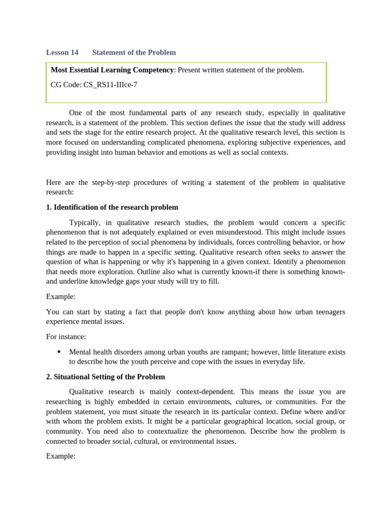 Writing a Qualitative Problem Statement | PDF | Qualitative Research ...