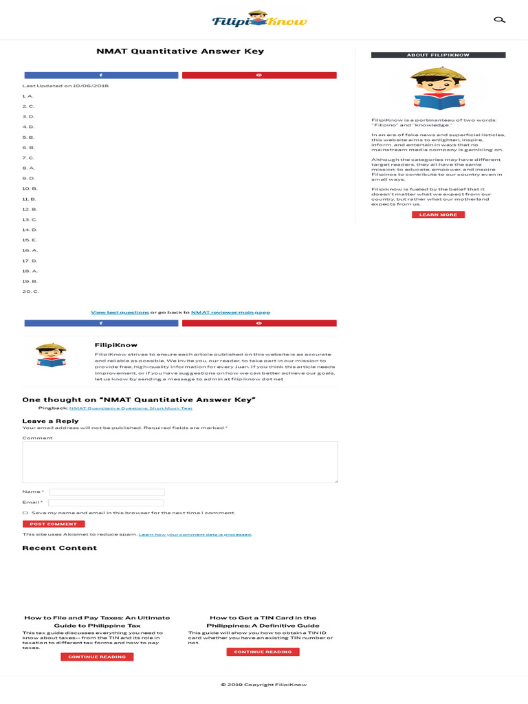 NMAT Quantitative Answer Key | PDF | Taxes