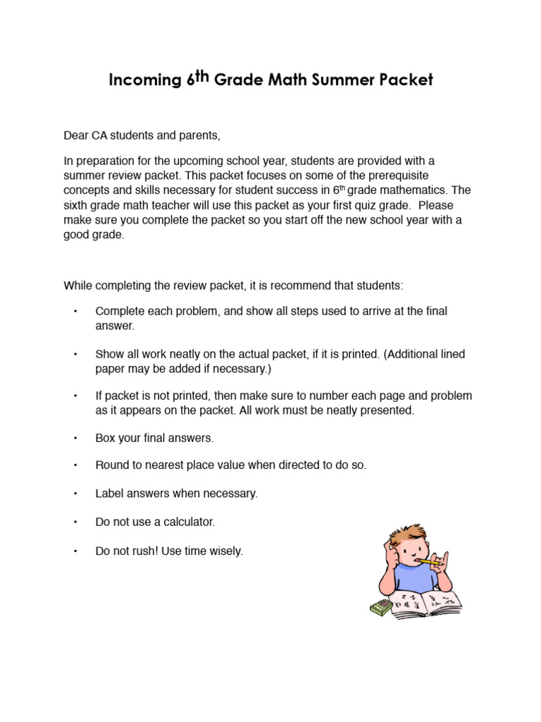 2024 6th Grade Math Incoming Summer Packet 24-25 | PDF | Division ...