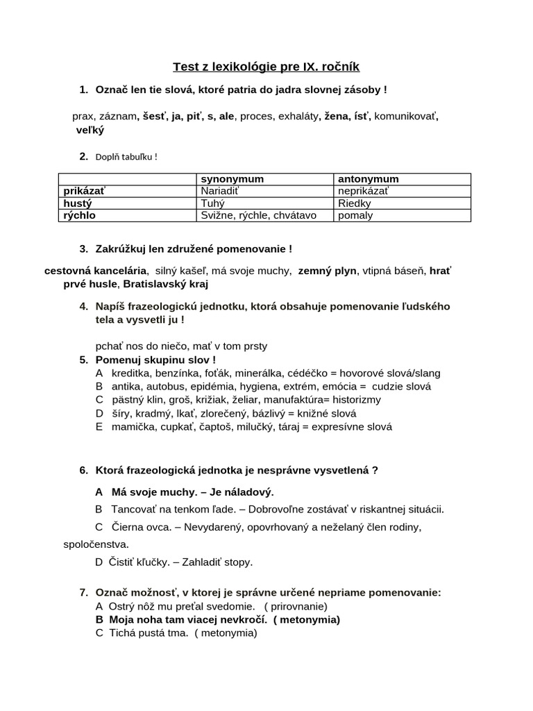 Test Z Lexikológie - Riešenie | PDF