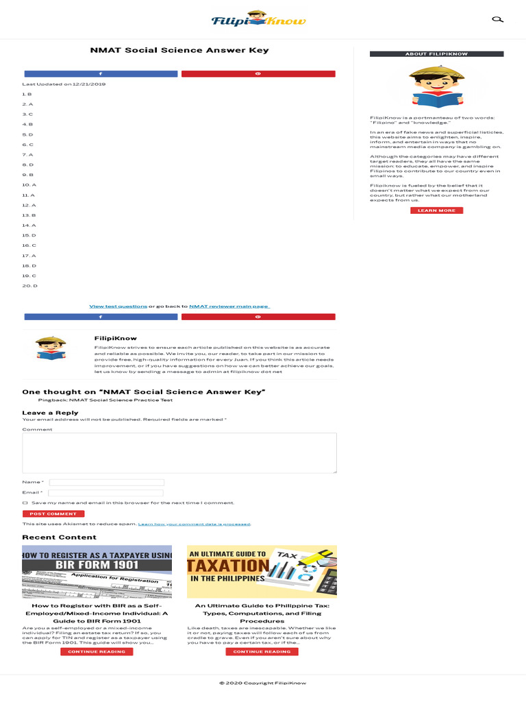 NMAT Social Science Answer Key | PDF | Science | Taxes