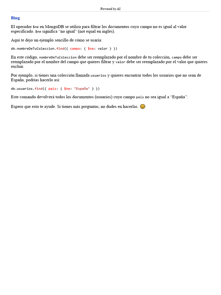 Uso del operador $ne en MongoDB | PDF