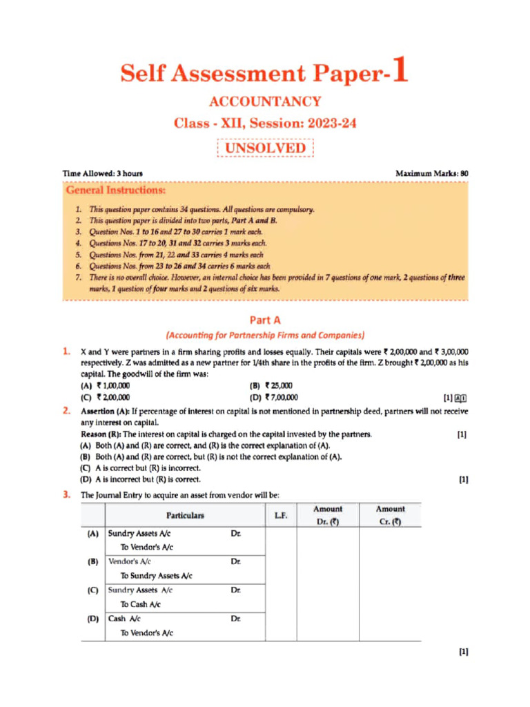 Oswaal Self-Assessment Paper 1 Question | PDF | Balance Sheet | Dividend
