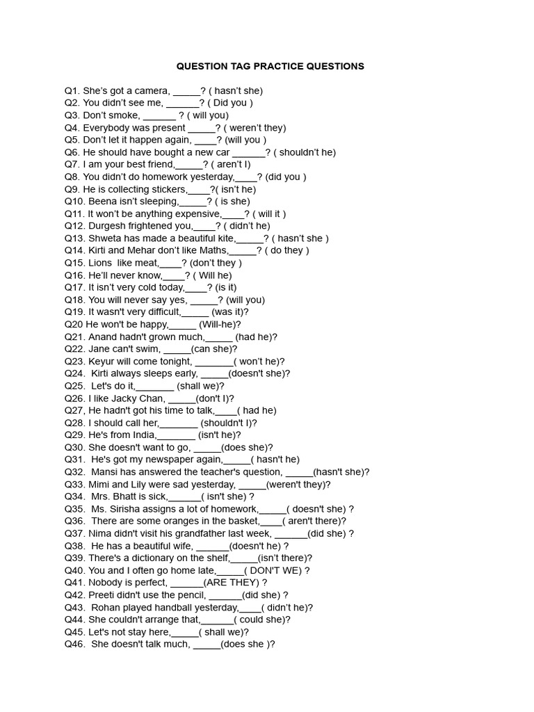 Question Tag Practice Questions (With Answers) | PDF
