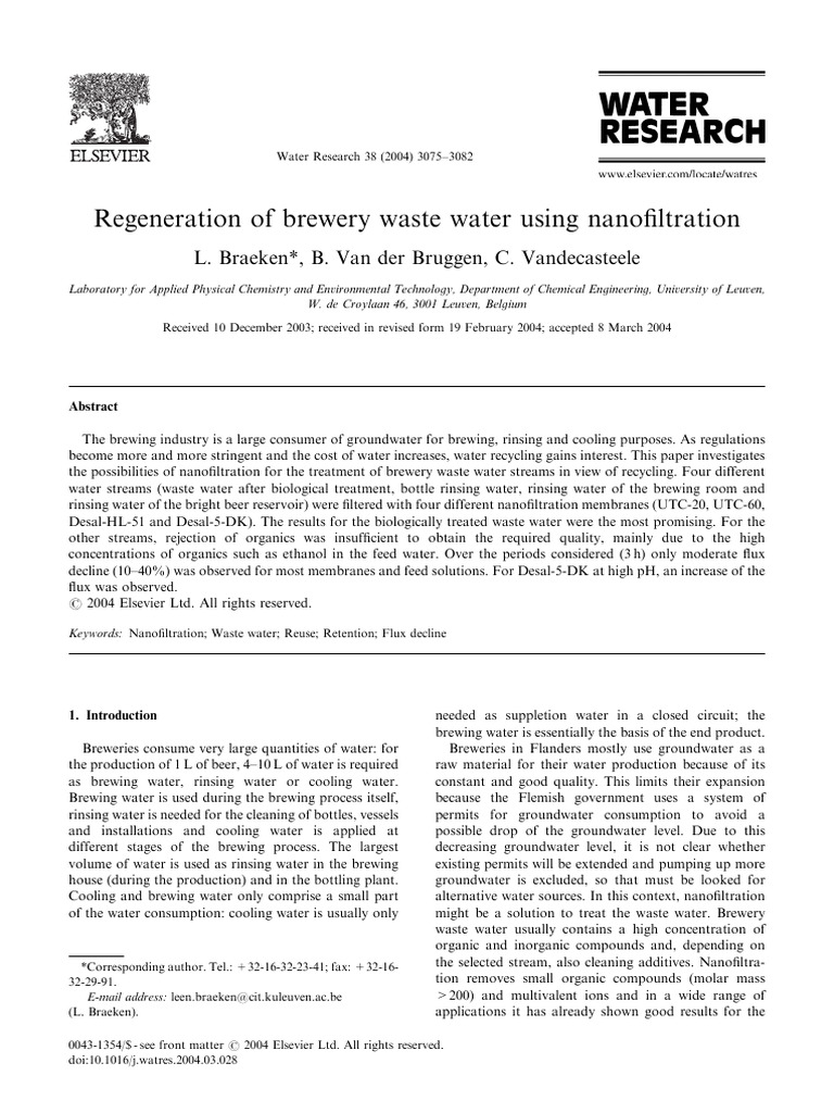 Water Research 38 (2004) 3075-3082 Regeneration of Brewery Waste Water ...