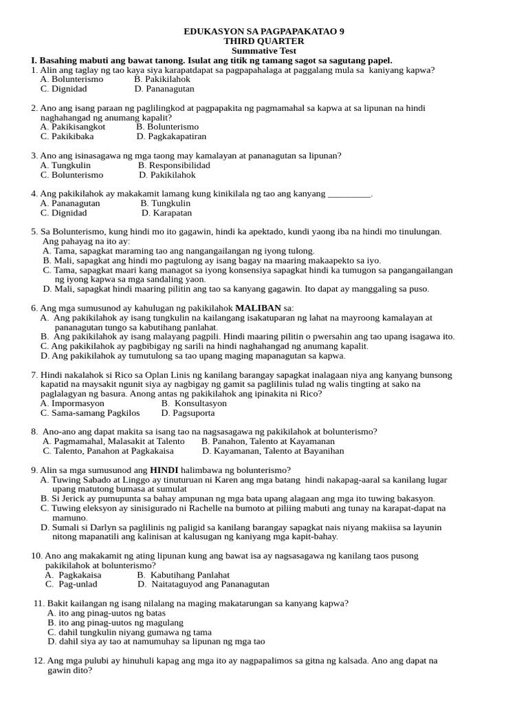 EsP-9-Third-Quarter-Summative | PDF