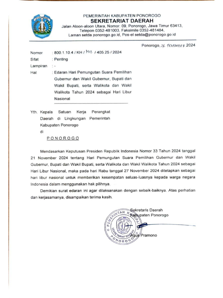 Edaran Libur Pilkada | PDF