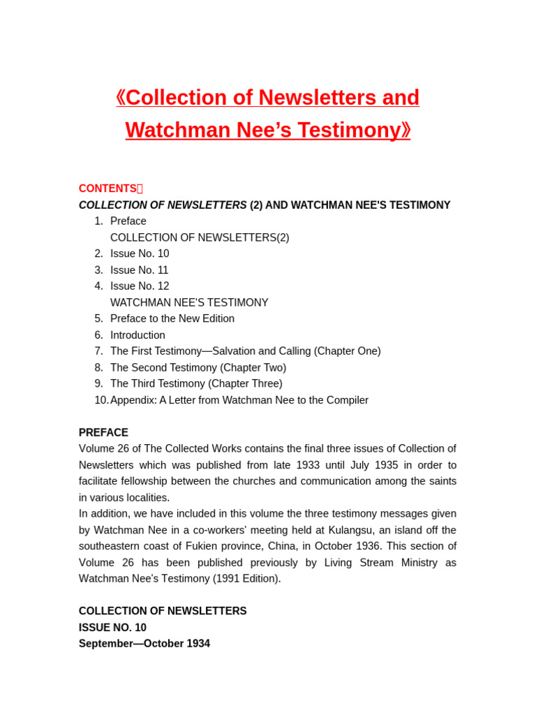 Collection of Newsletters and Watchman Nee's Testimony (Watchman Nee ...